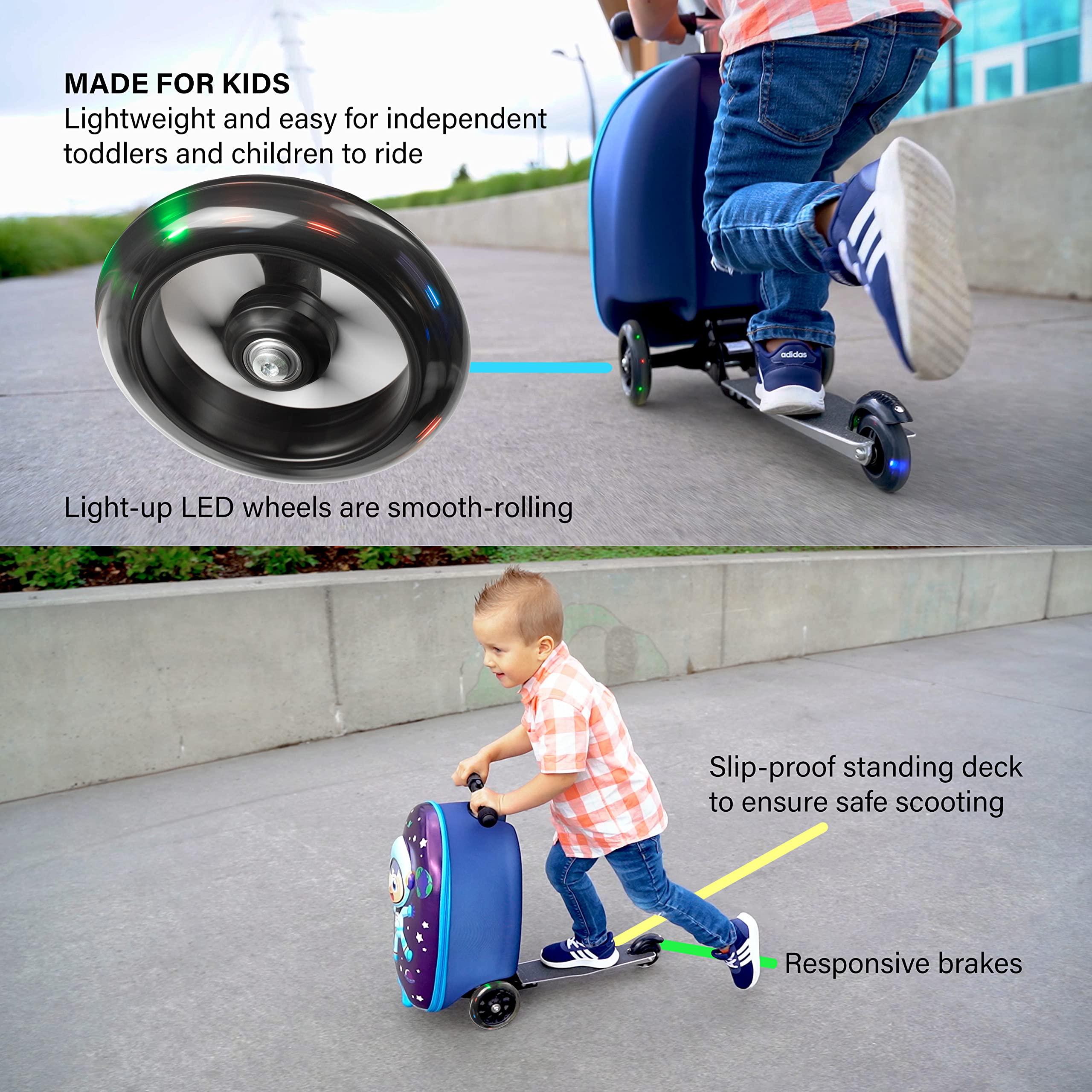 KIDDIETOTES 3-D Hardshell Ride On Suitcase Scooter for Kids -Cute Lightweight Kids Luggage with Wheels - Fun LED Lights