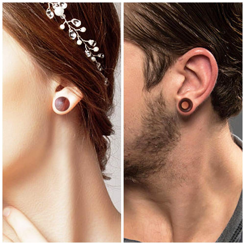 Longbeauty 2Pair Vintage Brown Natural Wood Double Flared Hollow+Saddle Tunnels Ear Plugs Stretcher Gauges 8MM=0G
