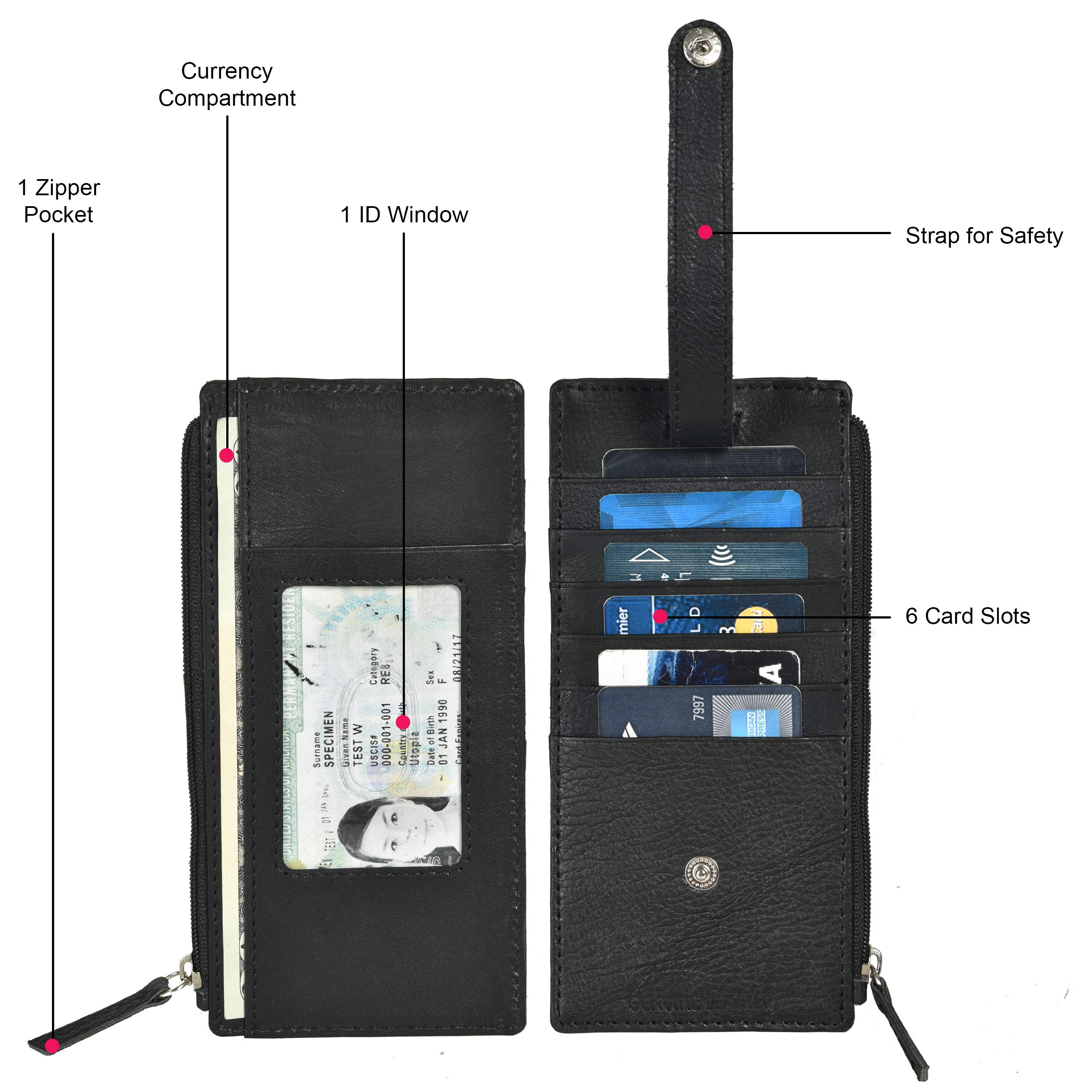 Leatherboss Genuine Leather Women's All in One Credit Business Card Case Holder Slim Zipper Wallet With a Card Protection Strap, Black