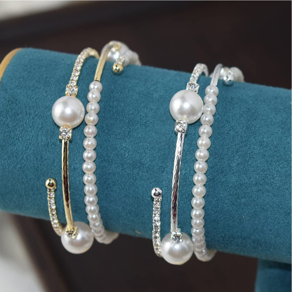 MyBuddy 2PCS Faux Pearl Wrap Bangle Bracelets,Pearl Stretch Beaded Layered Bracelets Blessing Bangle Jewelry for Women Girls Gift(Gold and Silver)