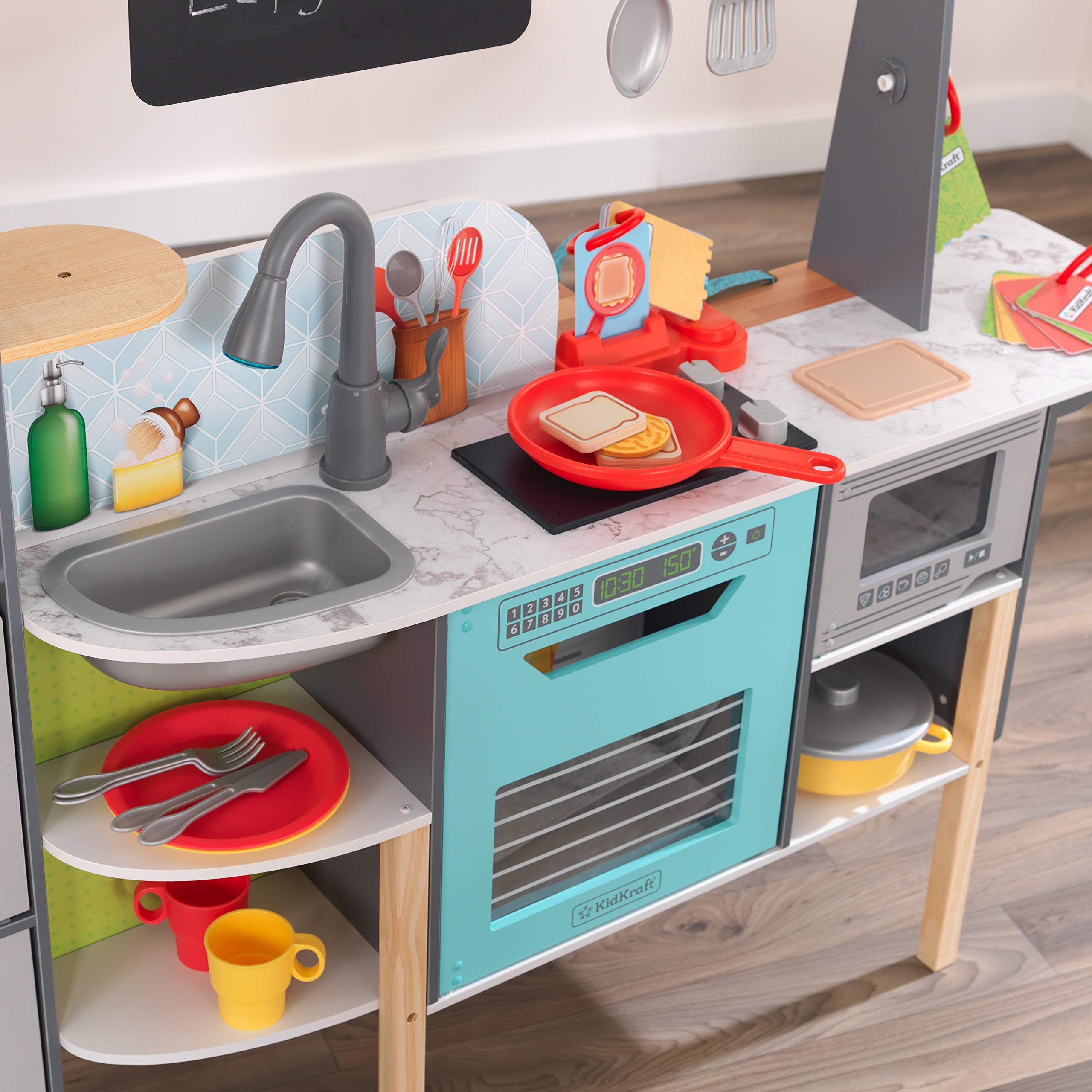 KidKraft Alexa-Enabled 2-in-1 Wooden Kitchen & Market with Lights and Sounds, Interactive Foods and Games Plus 105 Accessories, Gift for Ages 3+, Amazon Exclusive