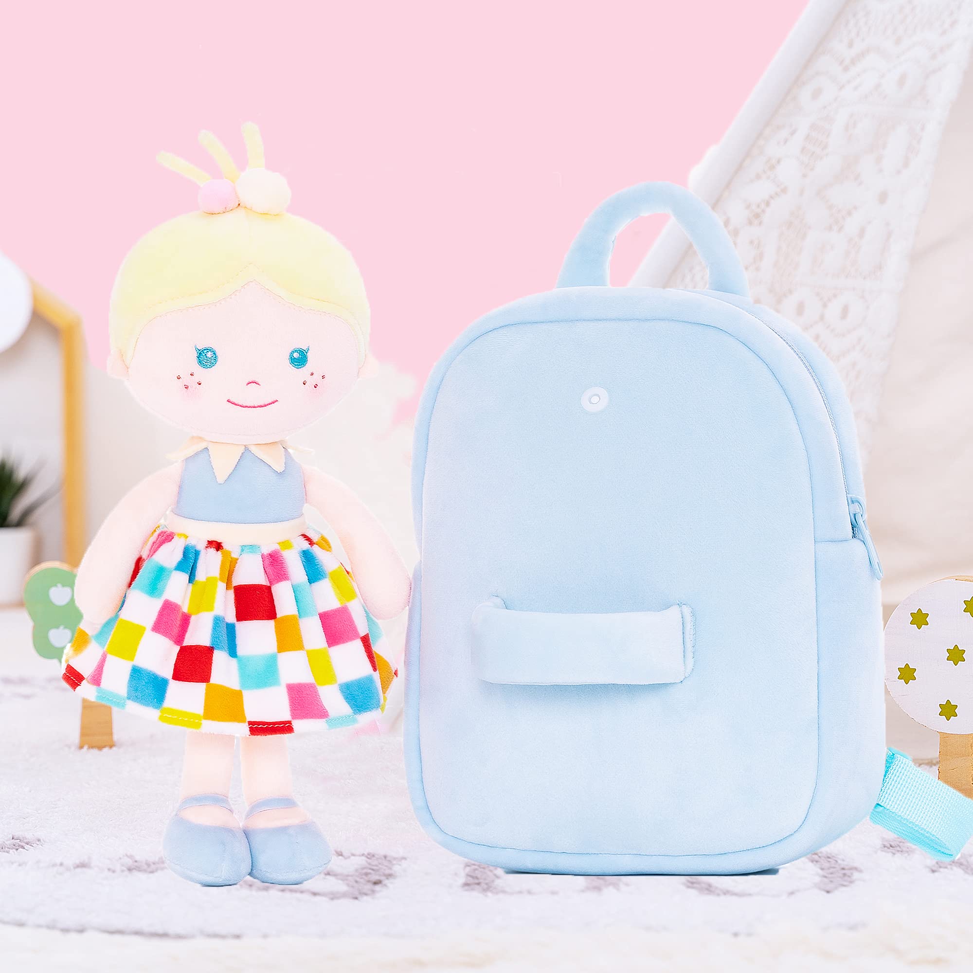 Onetoo Toddler Kids Backpack with Soft Baby Dolls in Plaid Dress 9.5"