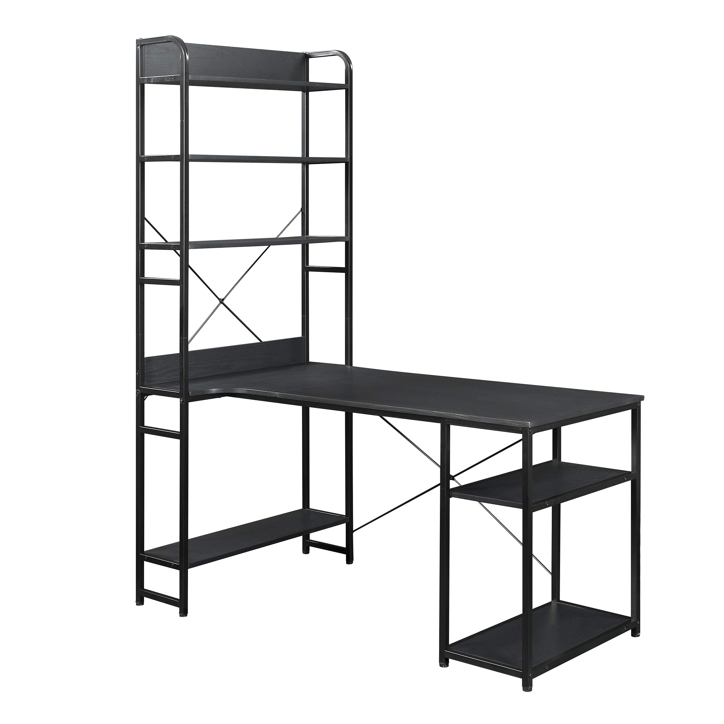 Modern Luxe Black(w/Shelf) L-Shaped Corner with Bookshelf 2-Pieces Computer PC Table Set Home Office Desk with Shelves