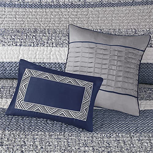 Madison Park King Quilt Set Lustrous Jacquard & Glitter Accent Coverlet Set for King Size Bed - All Season, Lightweight King Quilt Set, Shams, Decorative Pillow, King/Cal King Chevron Grey/Navy