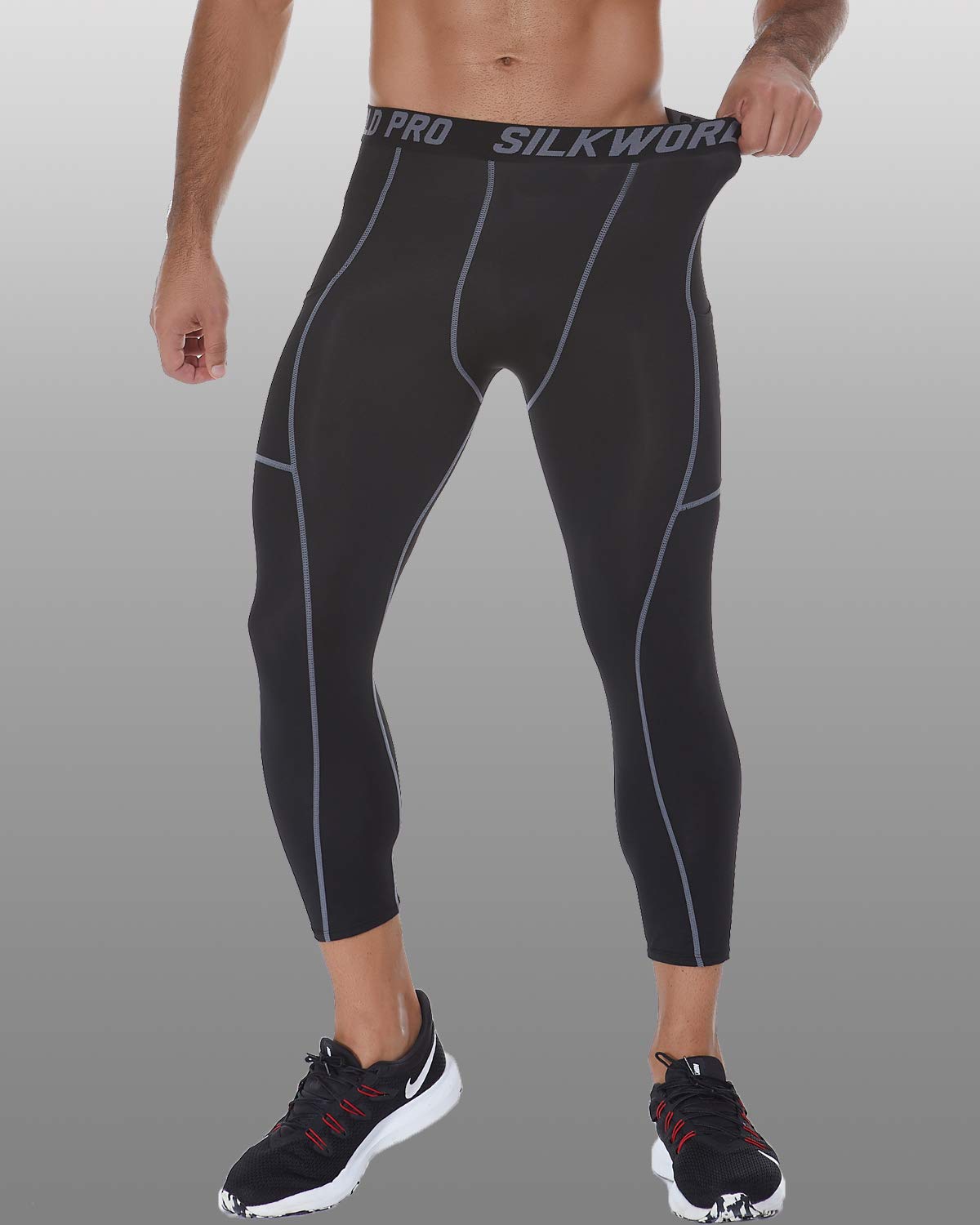 SILKWORLD Men's Compression Pants Lengging Cool Dry Athletic Base Layer Running Tights with Pockets,835_Capri_Black/Grey Stripe(Pockets),Small