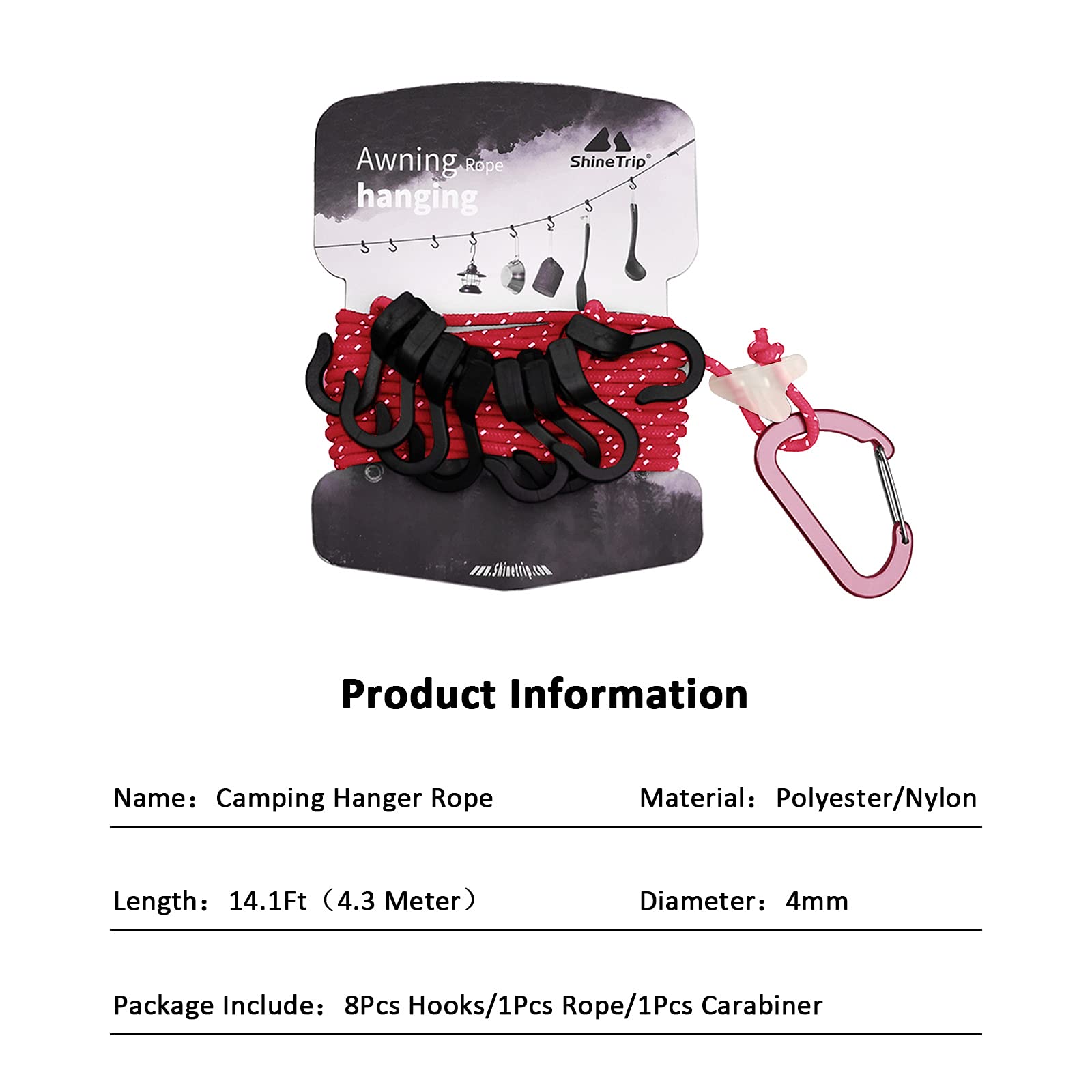 OMUKY Camping Lanyard Hanger Outdoor Tent Camping Clothesline with 8 Hooks Portable Adjustable Windproof Travel Hanging Rope (Red)