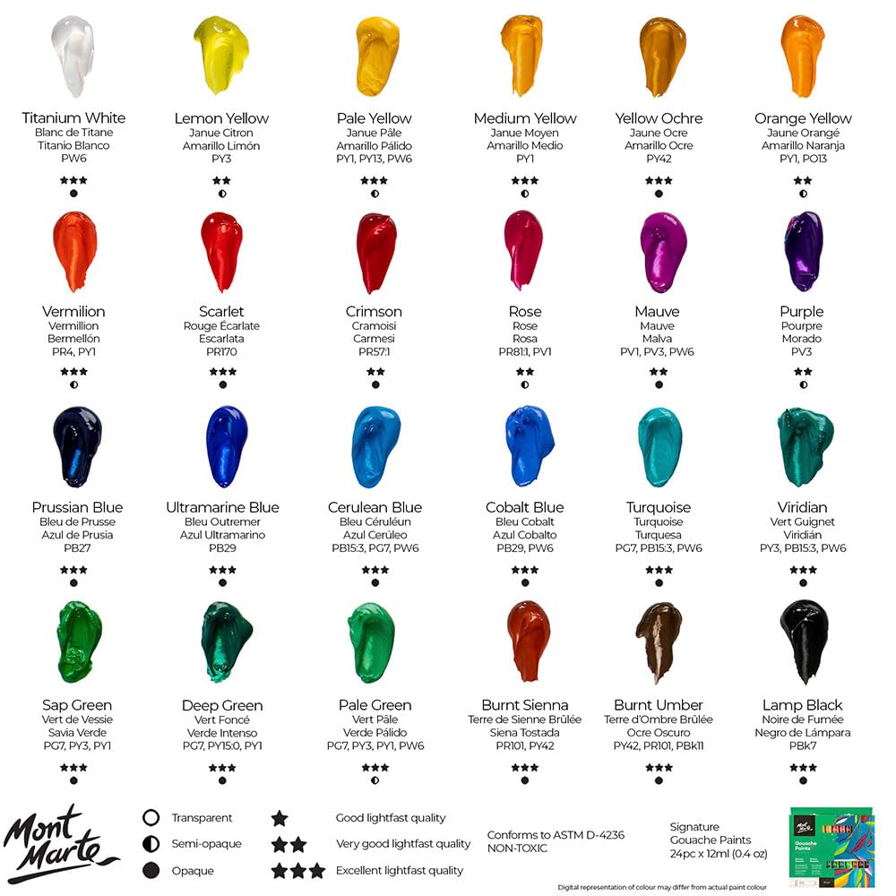Mont Marte Signature Gouache Paint, 24 x 0.4oz (12ml), Semi-Matte Finish, 24 Colors, Suitable for use with Canvas, Watercolor Paper, Watercolor Paints and Mixed Media