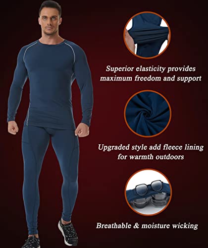 SILKWORLD Thermal Long Sleeve Compression Shirts for Men Cold Gear Athletic Gym Undershirts,B5_3pack_Navy Blue+Hemp Grey+Cyan,Large