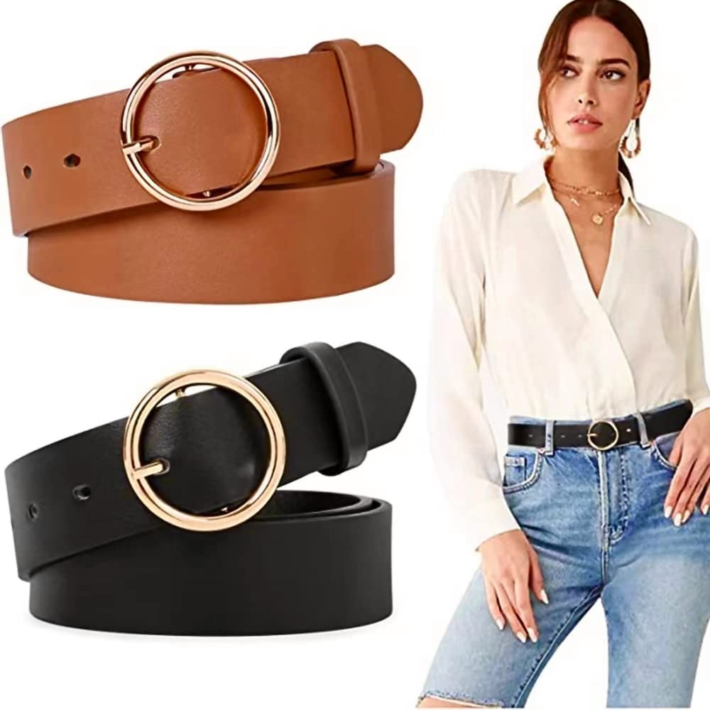 Sbecud 2 Pack Women's Leather Belts for Jeans Pants Fashion Gold Buckle Ladies Dress Belt