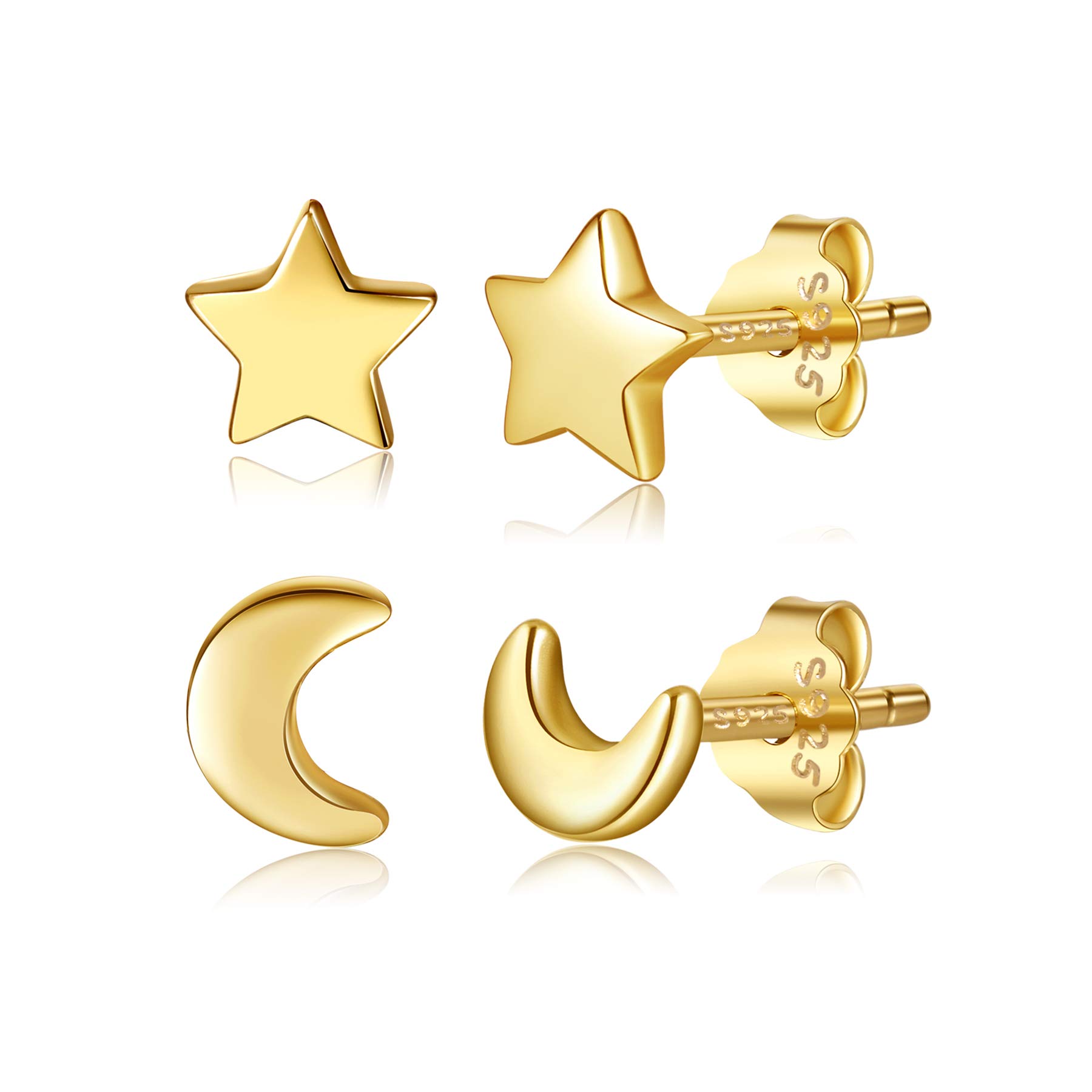 Moon Star Stud Earrings 18k Gold Plated Sterling Silver Crescent Moon Earrings for Women Dainty Night Sky Earrings
