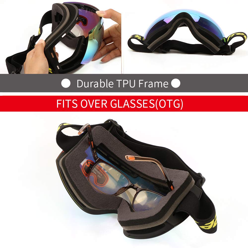 LR Ski Goggles Snowboard Goggle Over Glasses with Anti-Fog Spherical Dual Interchangable Lens for Men Women UV400 3002 (Black/Classic Grey)