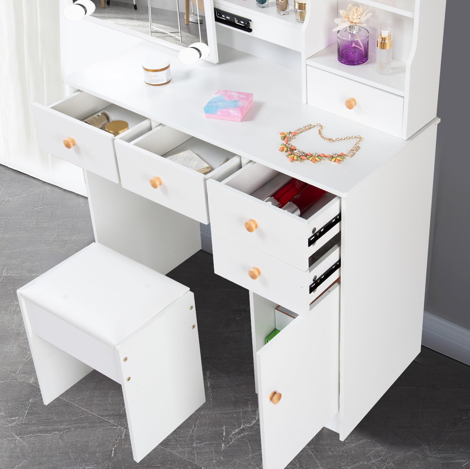 Logimiz Vanity Desk with Mirror and Lights-3 Colors and Brightness Adjustable, Girls Makeup Vanity with Hiding Shelves, White Vanity Set with Cabinets, Drawers and Cushioned Stool