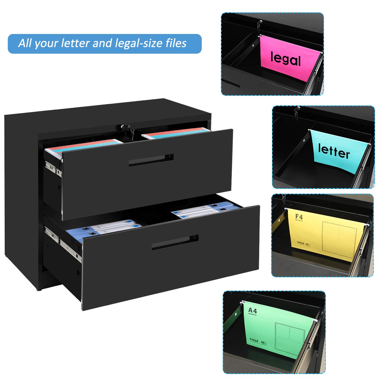 ModernLuxe File Cabinet,Home Office Lockable Heavy Duty Metal Lateral File Cabinet with 2 Drawers Black