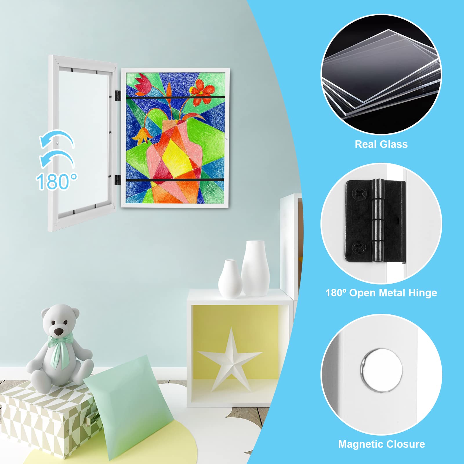 Kids Art Frames, 9x12 Front Opening Kids Artwork Frames Changeable, Upgrade White Artwork Display Storage Frame for Wall, Holds 50 Pcs, for 3D Picture, Crafts, Children Drawing, Hanging Art, Portfolio