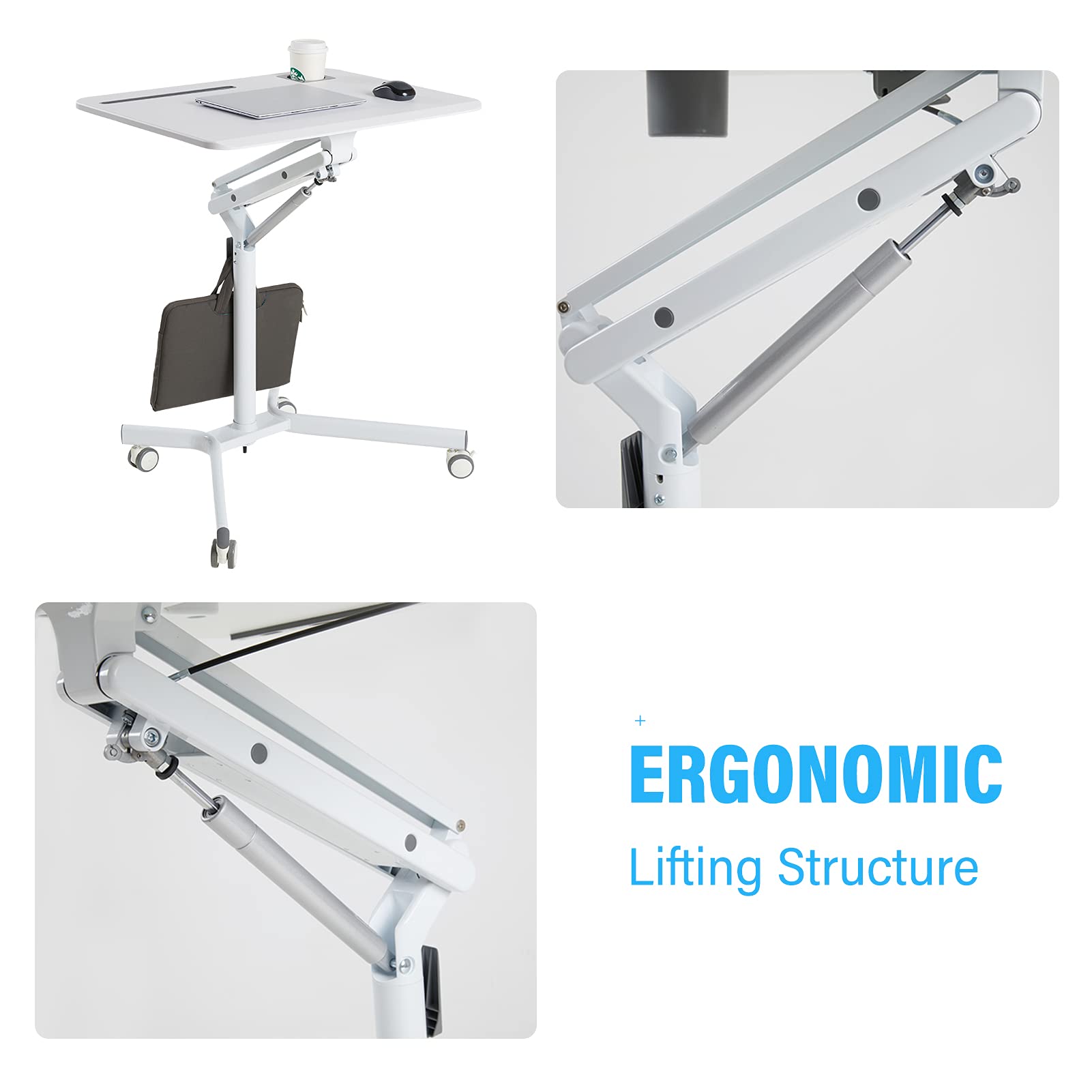 Mobile Sit Stand Desk - Height Adjustable Standing Laptop Desk Cart Rolling Couch Table on Wheels White Workstation with Gas Spring Riser for Home Office Classroom