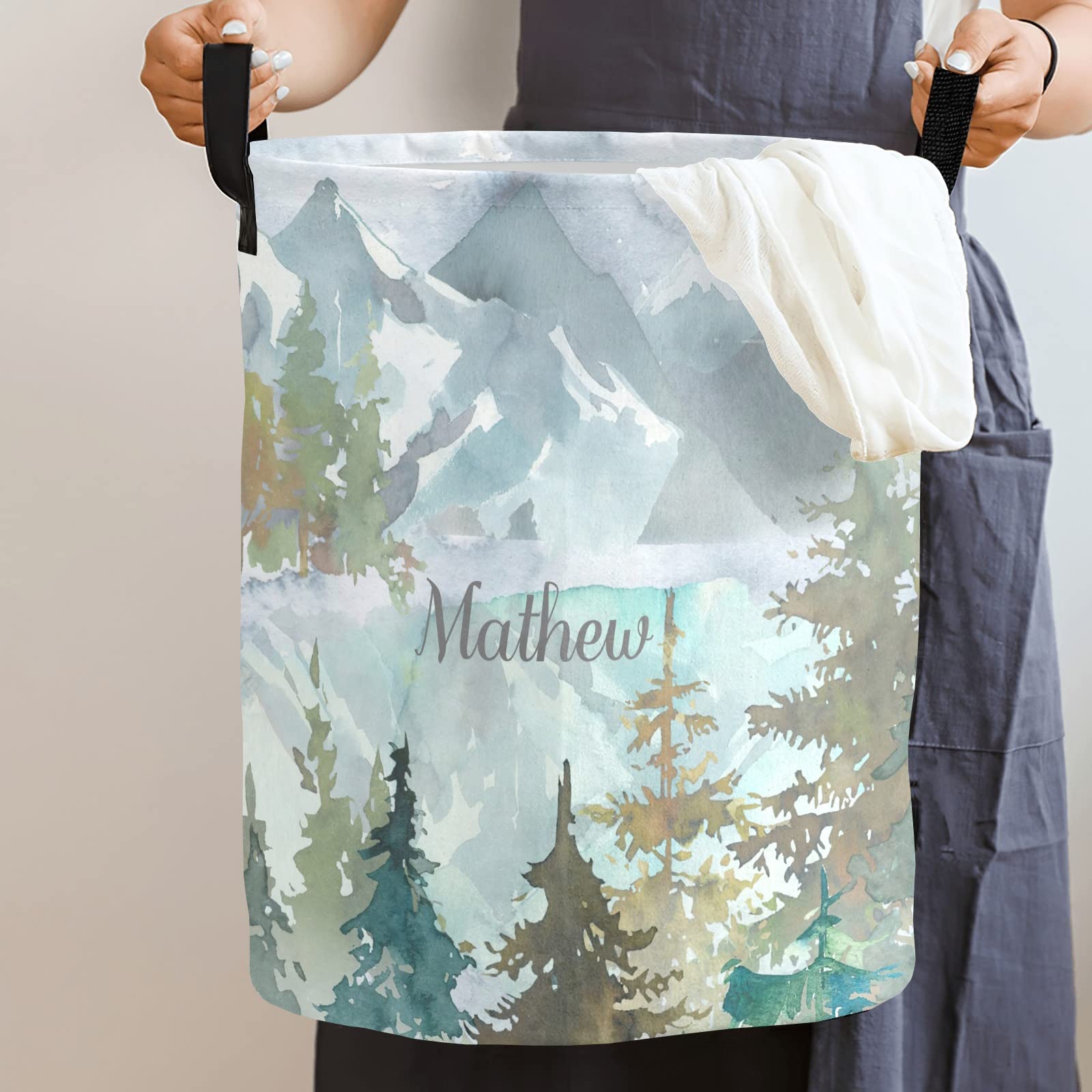 Woodland Pine Trees Mountain Personalized Laundry Basket ,Custom Foldable Storage Bins Laundry Hamper for Nursery Pet Toys Clothes