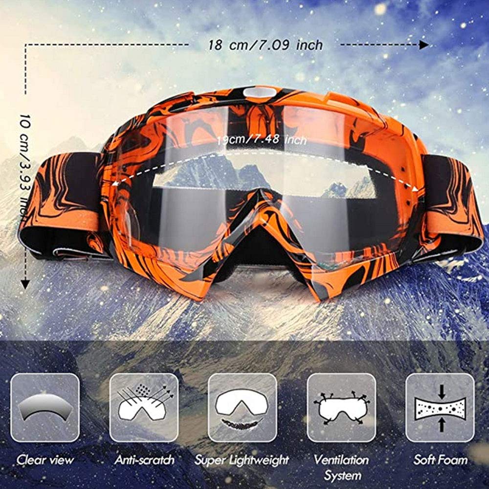 Motocross Motorcycle Goggles ATV Dirt Bike Off Road Racing MX Riding Goggle Anti-Scratch Dustproof Bendable UV400 Eyewear Padded Soft Thick Foam Glasses (Orange-Black Transparent)
