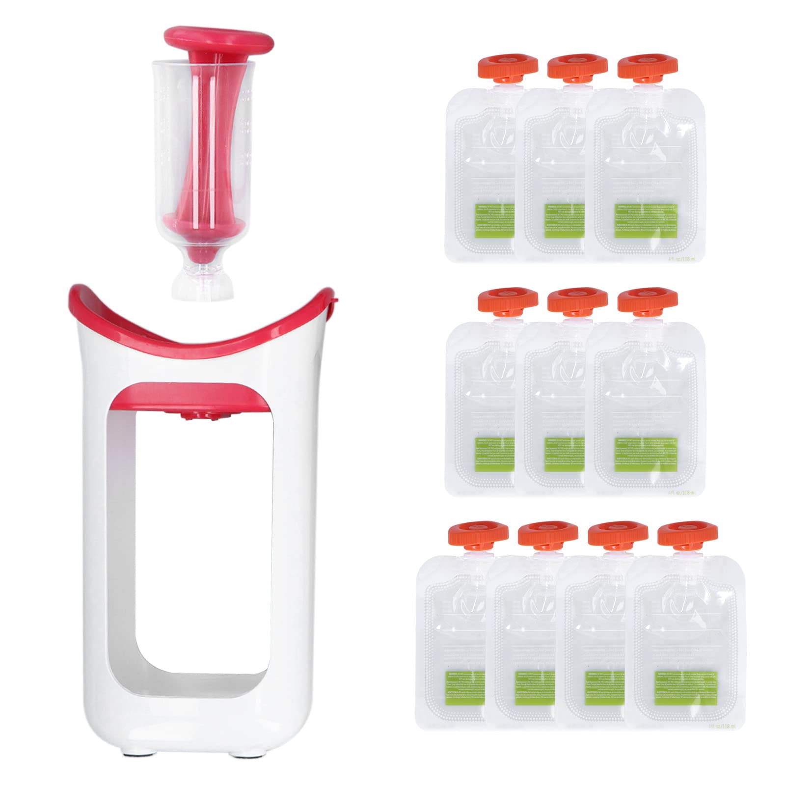 WALFRONT Baby Squeeze Station Portable Fruit Puree Squeezer Infant Baby Food Maker with 10pcs Squeeze Subpackage Bag Home Kitchen Tools (Red)