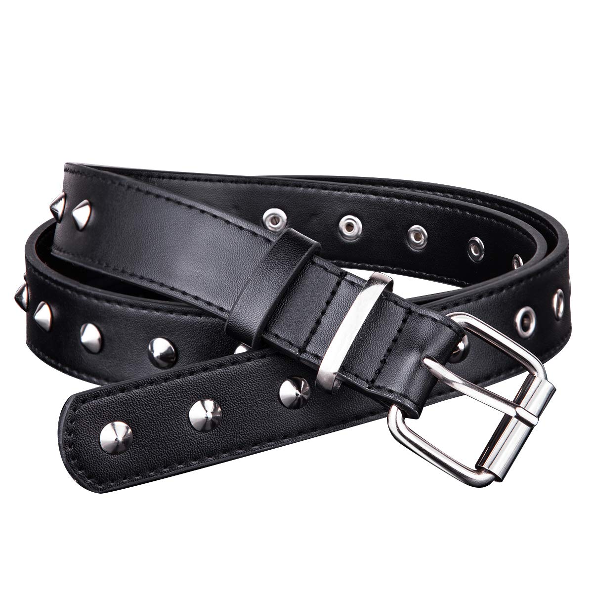 moonsix Leather Grommet Belt for Women, Punk Rock Studs Jeans Belts with Metal Buckle