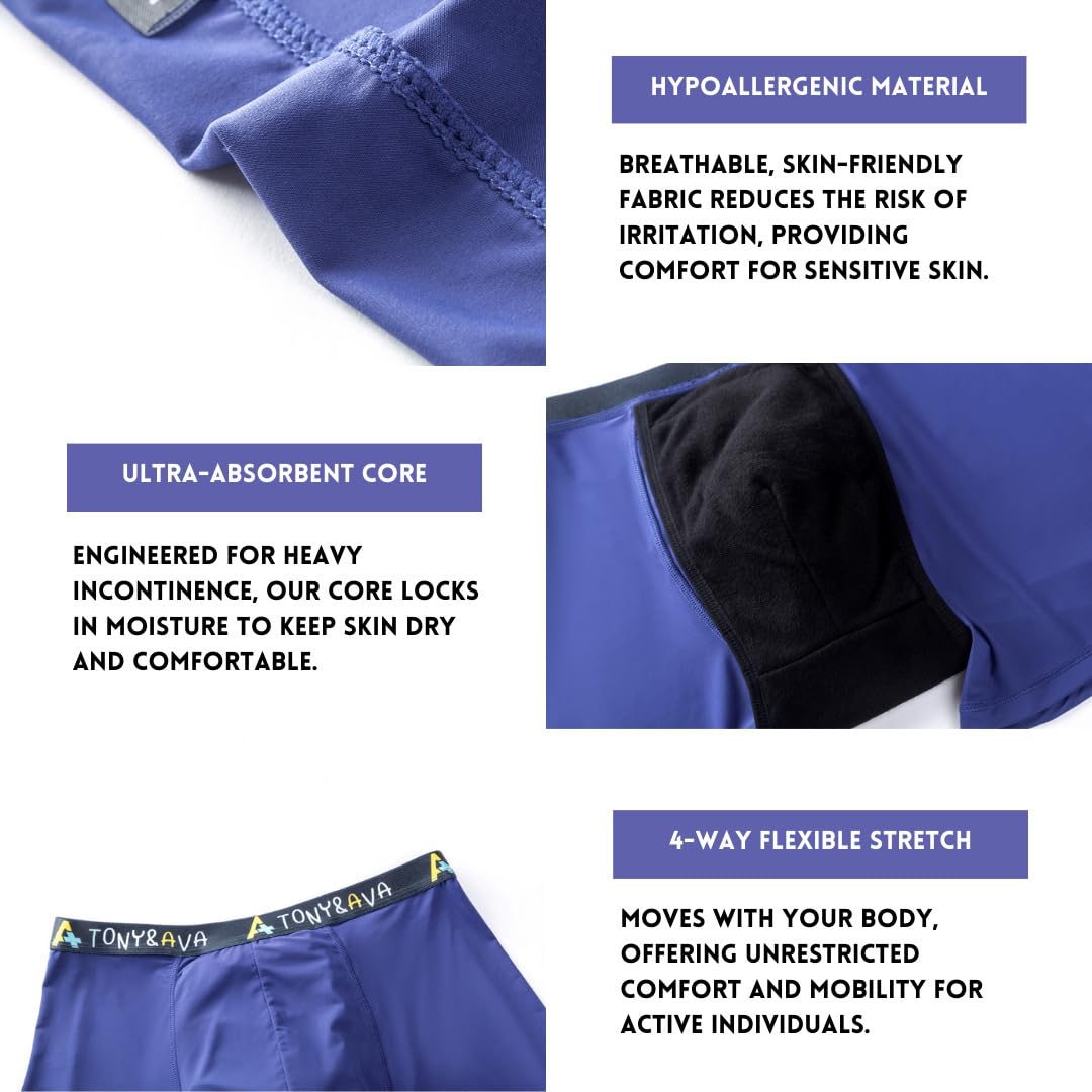 Tony and Ava Boys' Moderate Absorption Incontinence Boxer - Soft & Comfortable Underwear for Teens (Pack of 1) (Small, Blue)