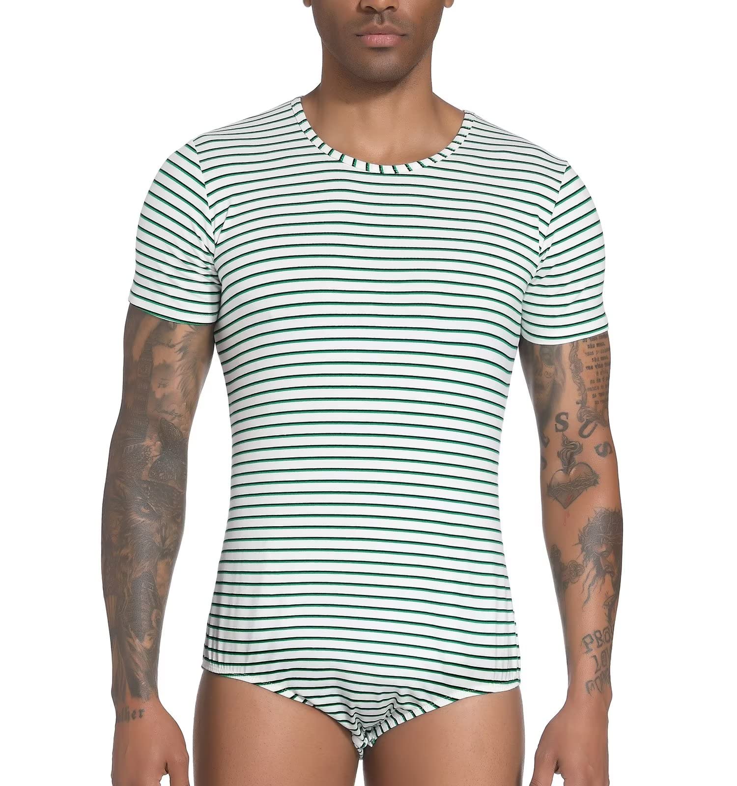 Landofgenie Mens Striped Onesie Pajamas Press Button Crotch Shirt Bodysuit Short Sleeve One Piece Bodysuit White 3XL