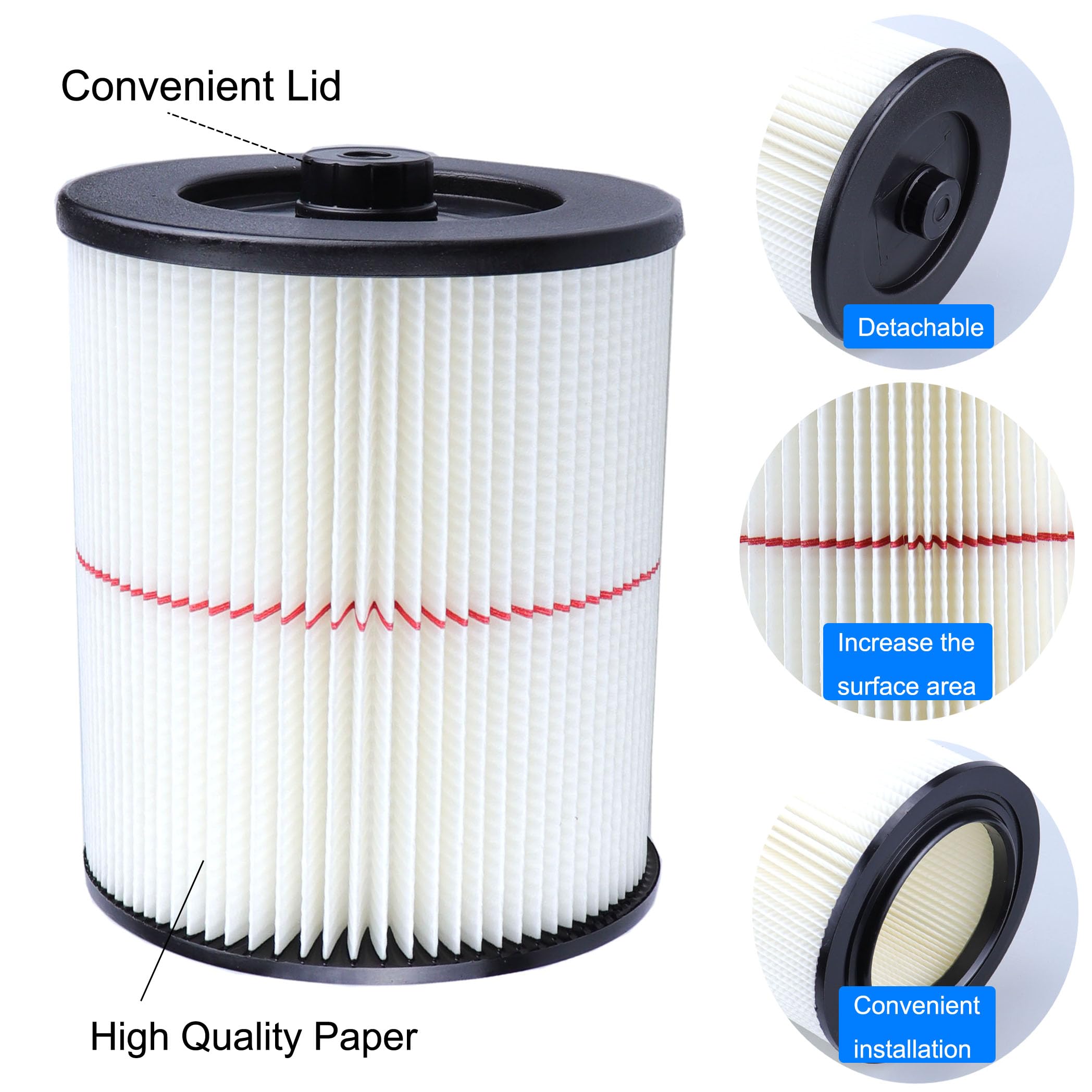 MOCW 2 Pack Red-Stripe Cartridge Filters 17816 9-17816 Compatible with Craftsman Shop Vac Wet/Dry Vacuum Cleaner 5 6 8 12 16 and Large Gallon