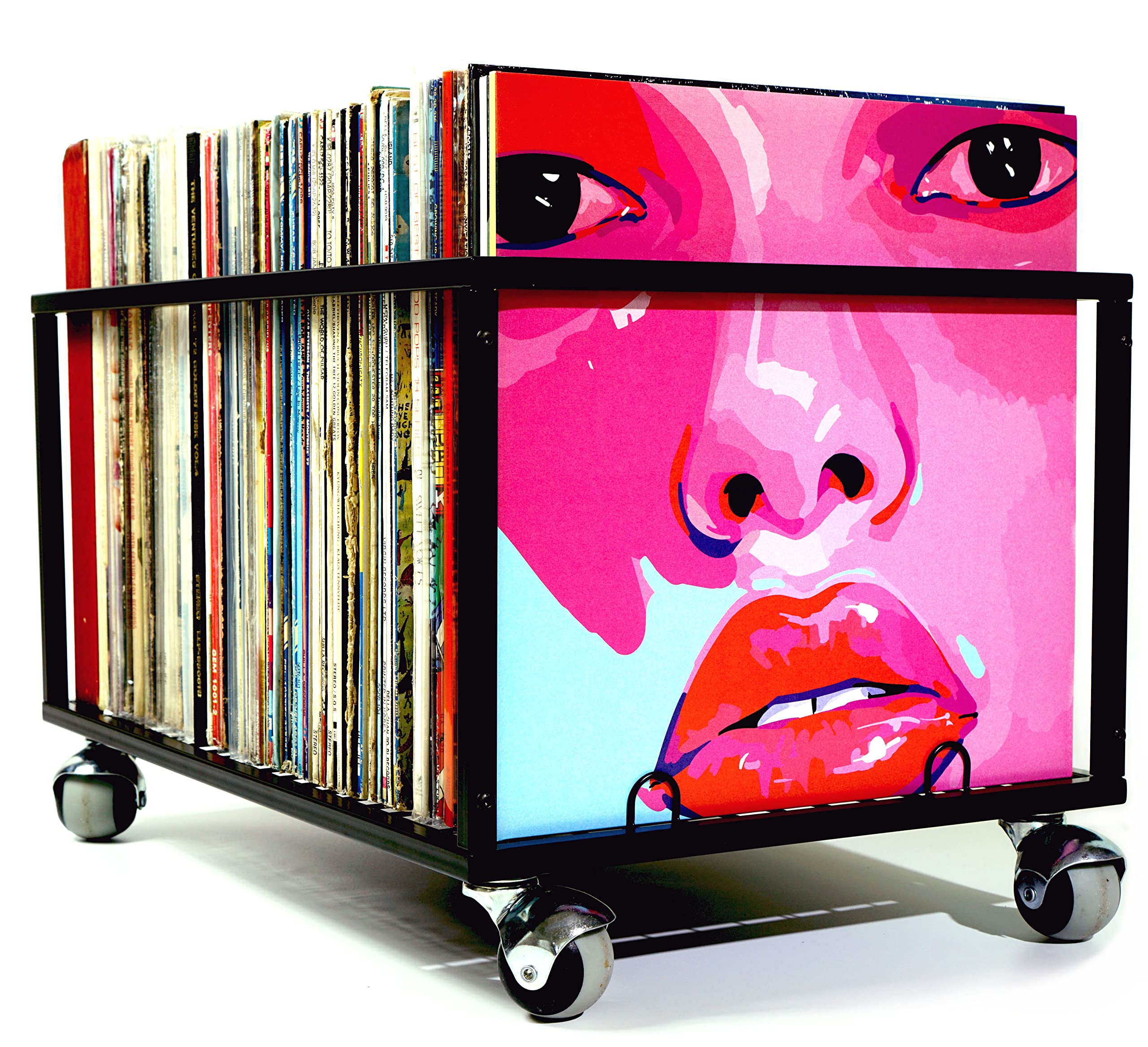 NEEDLEA Vinyl Record Holder Storage Up to 120 LP - Sturdy Metal Frame Crate Moving Box with Wheels - Stylish Display Rack Organizer for Vinyl Album in Home Office