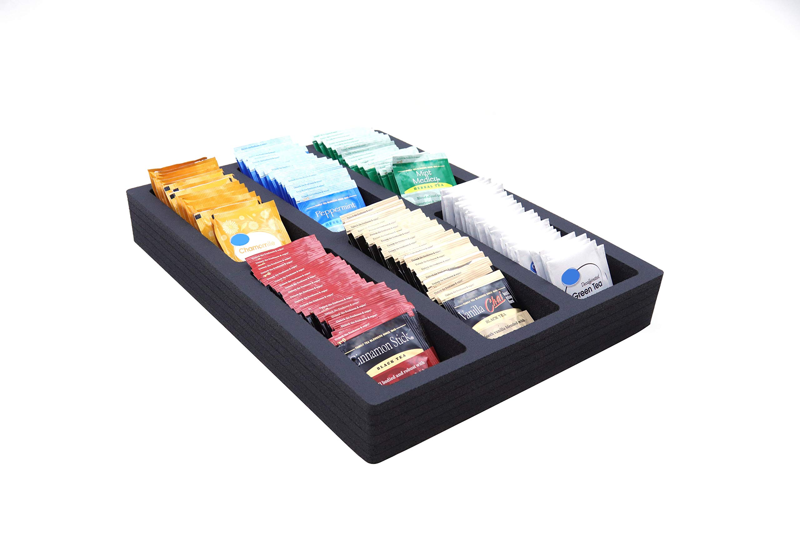 Polar Whale Tea Bag Storage Deluxe Organizer Tray Drawer Bin Insert for Kitchen Home Office Condiments Packets Waterproof Washable Black Foam 6 Compartment 11.9 X 15.9 Inches