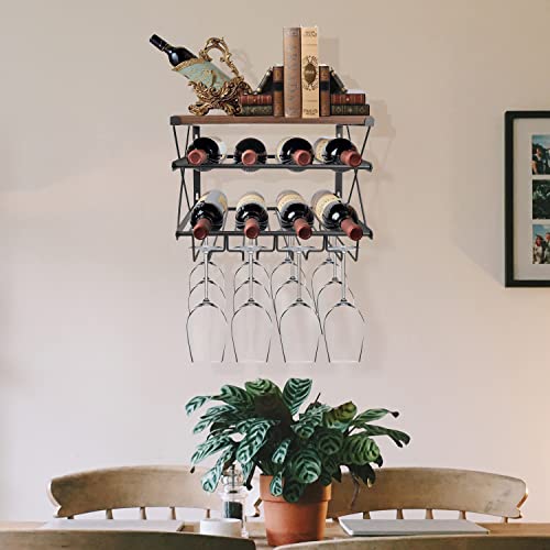OOir onOO Wall Mounted Wine Rack - Wood Rustic Wine Bottle Glass Floating Shelves Holds with Stemware Rack, 8 x Glasses and 11 xWine Bottles for Kitchen,Dining Room,Bar,15 Inch(Black)