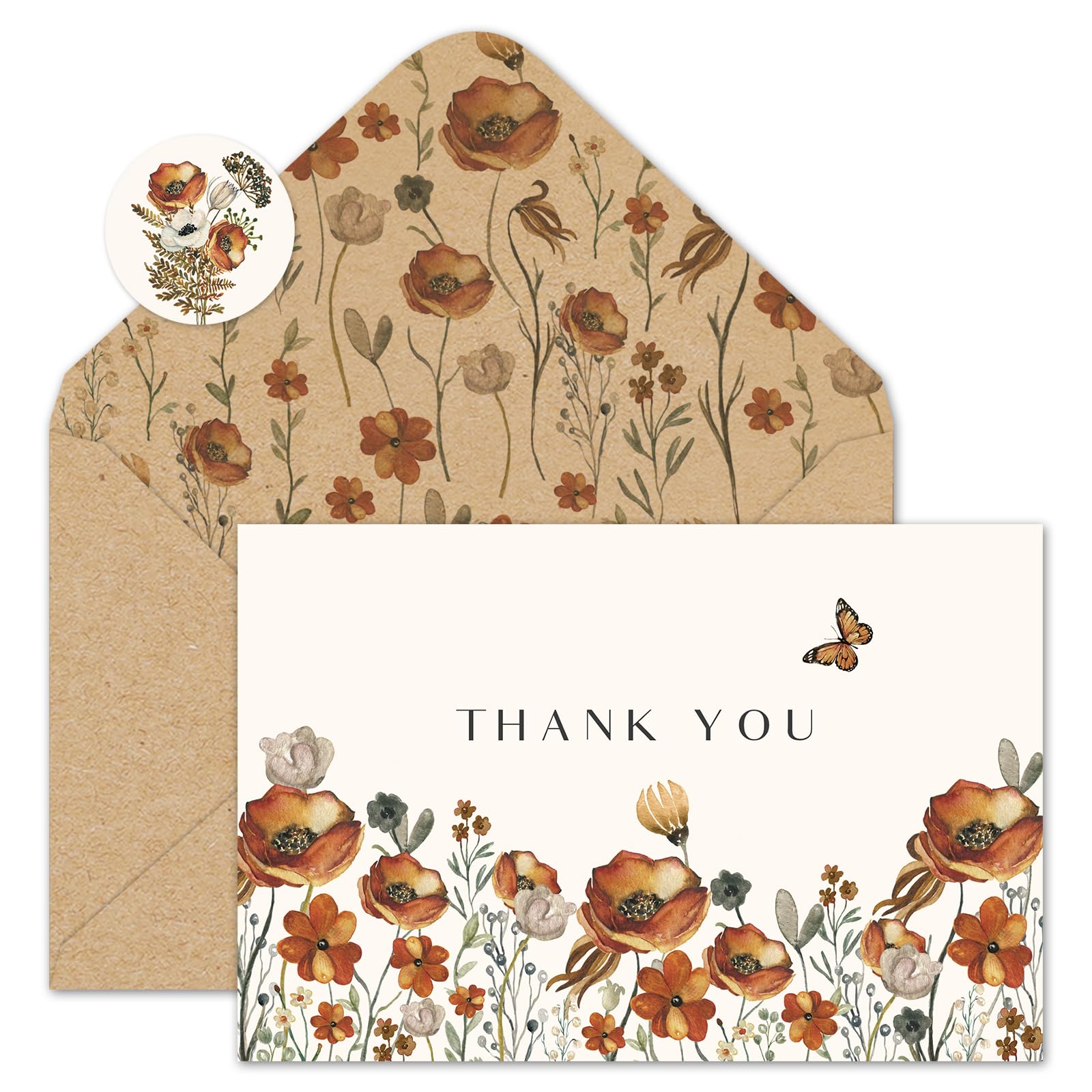 Whaline 50 Pack Fall Floral Thank You Cards Vintage Autumn Wildflower Greeting Cards with Kraft Envelope Stickers Retro Floral Blank Note Cards for Wedding Birthday Bridal Baby Shower