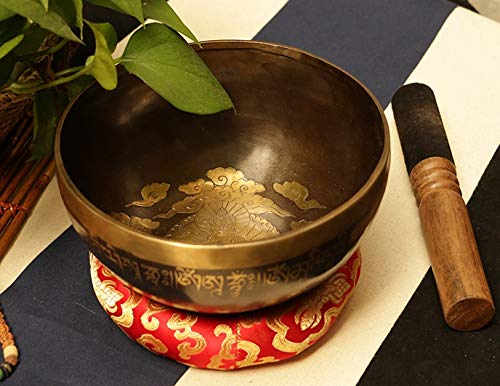 TJLSS Mantra Buddha Pattern Tibetan Singing Bowl Yoga Meditation Bowls Set with Dual Surface Mallet and Silk Cushion Promotes