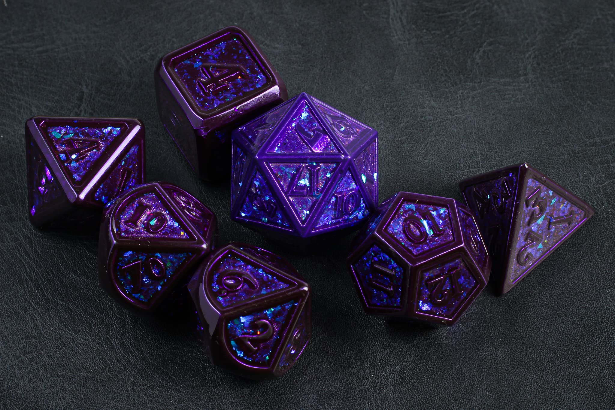 Purple Astro Light DND Metal Dice Set for Dungeons and Dragons, Gifts, D&D, D and D, Pathfinder, Accessories, D20, Polyhedral, Resin Dice, Metal, Dice Tray, Tower, Bag, Box