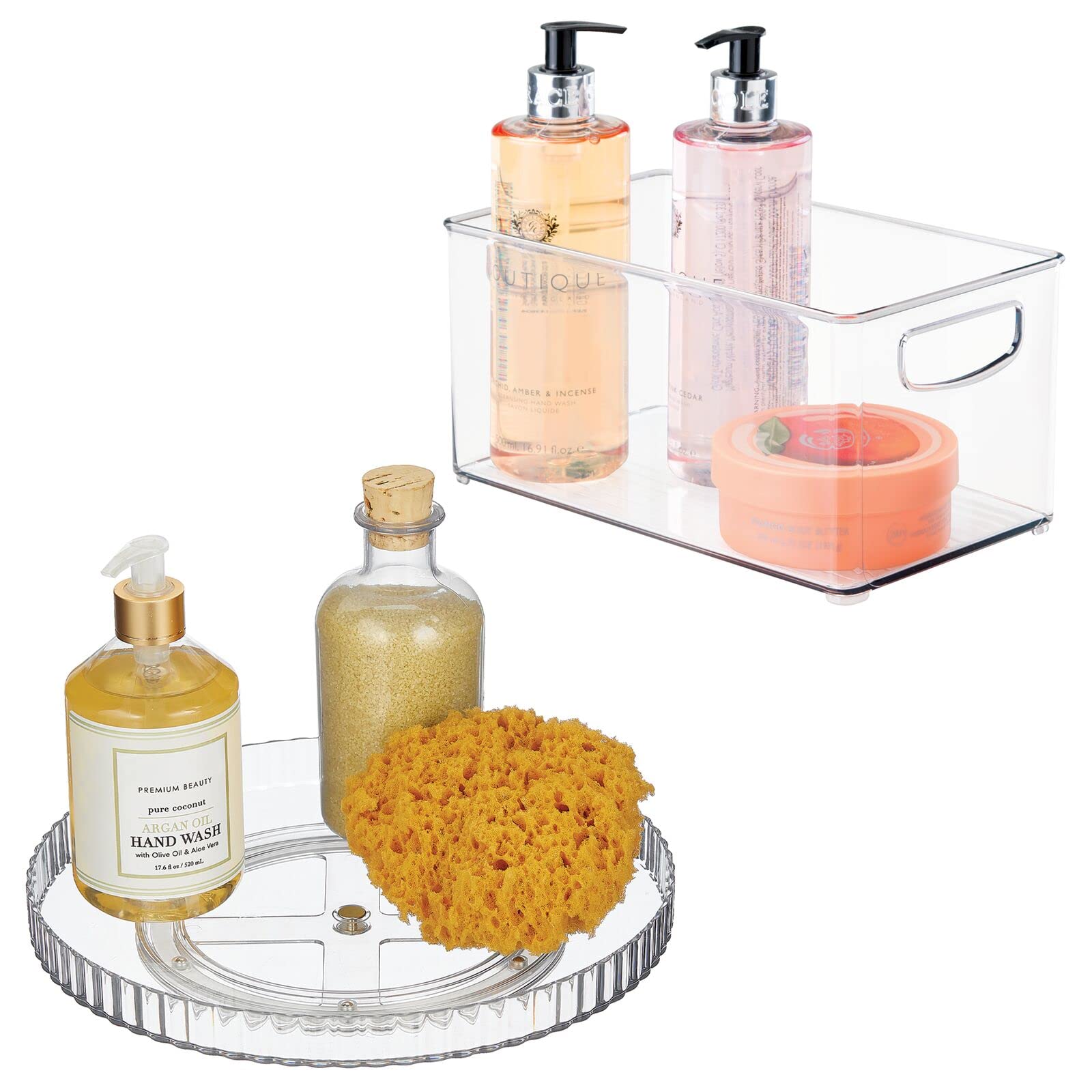 mDesign Plastic Stackable Bin with Handles and 11.5" Round Fluted Lazy Susan Turntable Plastic Spinner Combo Set for Organization in Bathroom, Closet, Cabinet, or Vanity Countertop - Set of 2 - Clear