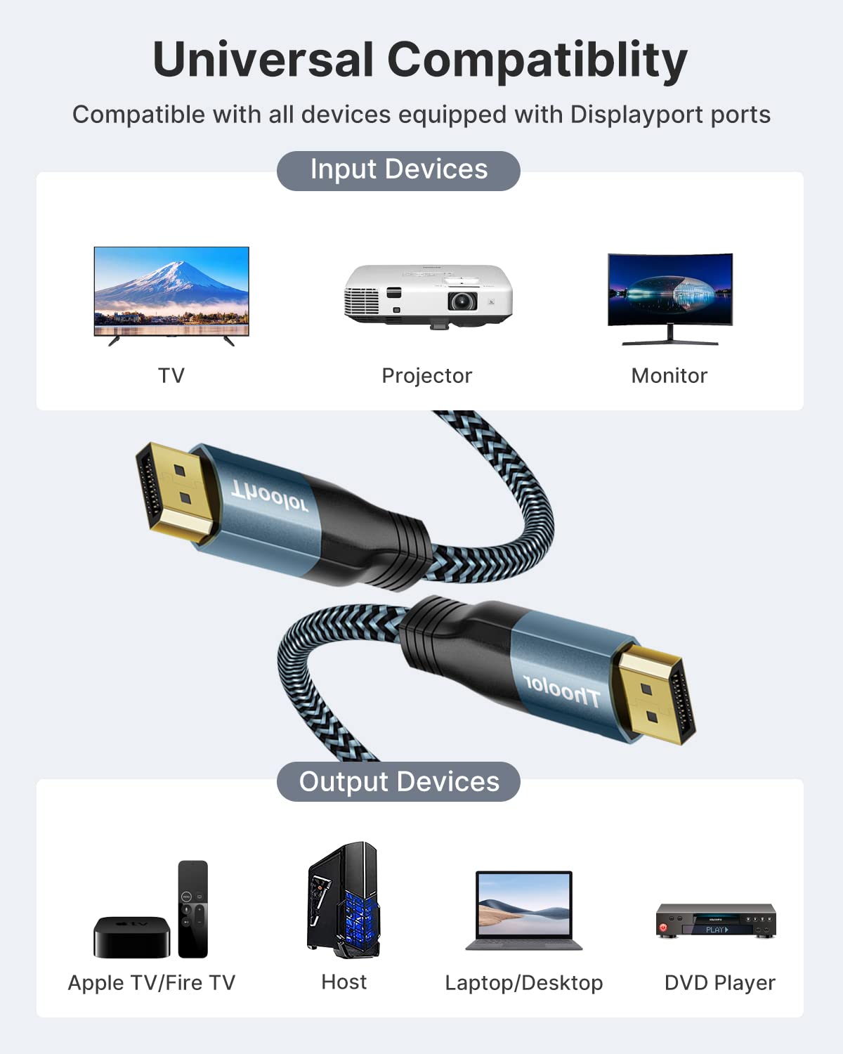 Thoolor DisplayPort Cable 4K DP Cable 6FT High Speed Display Port Cable (4K@60Hz, 2K@165Hz/144Hz), Display Cable for Gaming Monitor, Graphics Card, TV, PC, Laptop and More