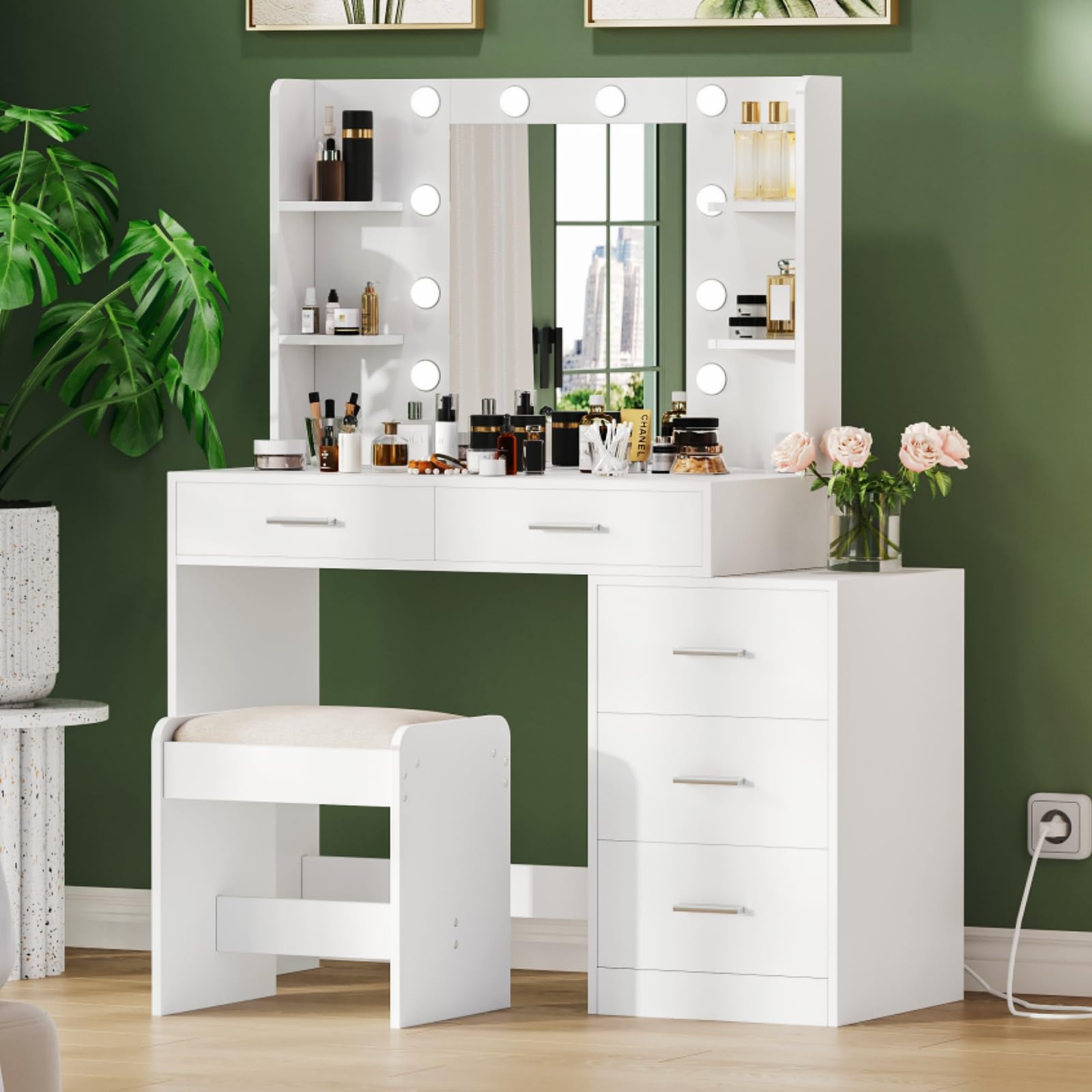Keehusux Vanity Desk with Charging Station and Side Cabinet, Makeup Table with 3-Color Dimmable Lighted Mirror, Bedroom Makeup Vanity Table with 5 Drawers and Open Storage for Women, White KES003WSZT