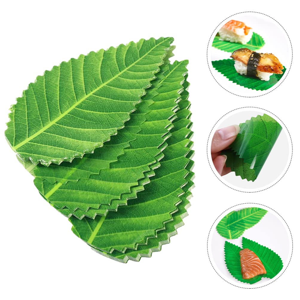 Operitacx 200pcs Artificial Leaf Sushi Plate Decoration Fake Green Leaves Sashimi Serving Tray Sushi Dish Platter Ornaments for Japanese Restaurant Decor