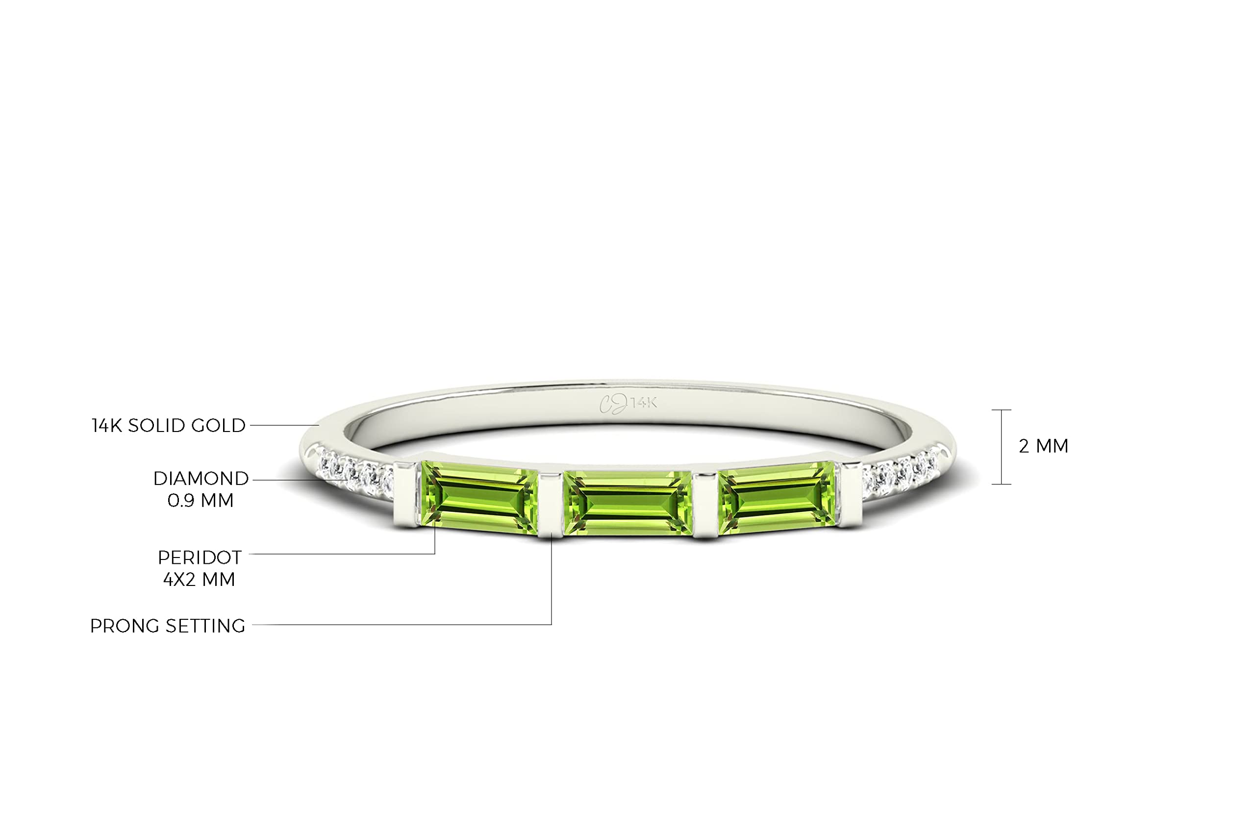 mirahi by chordia jewels Peridot Baguette Stackable Ring, Diamond Dainty Ring for Her, 14k White Gold Wedding Ring, Daily Wear Ring