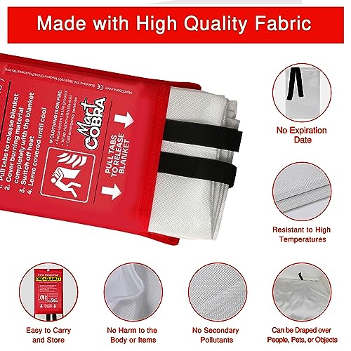 Mart Cobra Emergency Fire Blanket for Home and Kitchen – Easy to Carry 40” x 40” Fire Suppression Blanket Can Fit in Survival Kits & Camping Gears – Made with 100% Fiberglass Fabric – 2-Pack