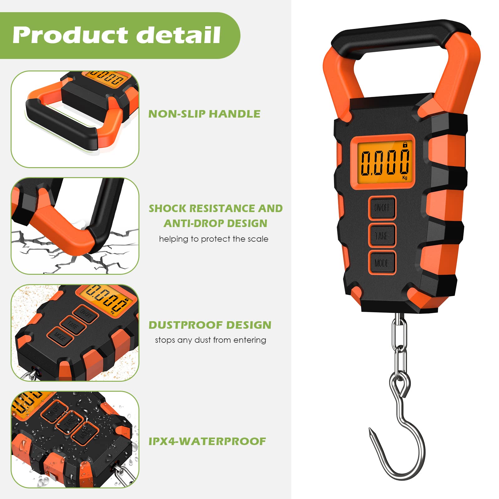 KeeKit Digital Fishing Scale with Ruler, 110lb/50kg Electronic Digital Luggage Scale, Waterproof Fishing Postal Hanging Hook Scale with Measuring Tape, Backlit LCD Display (Batteries Included)