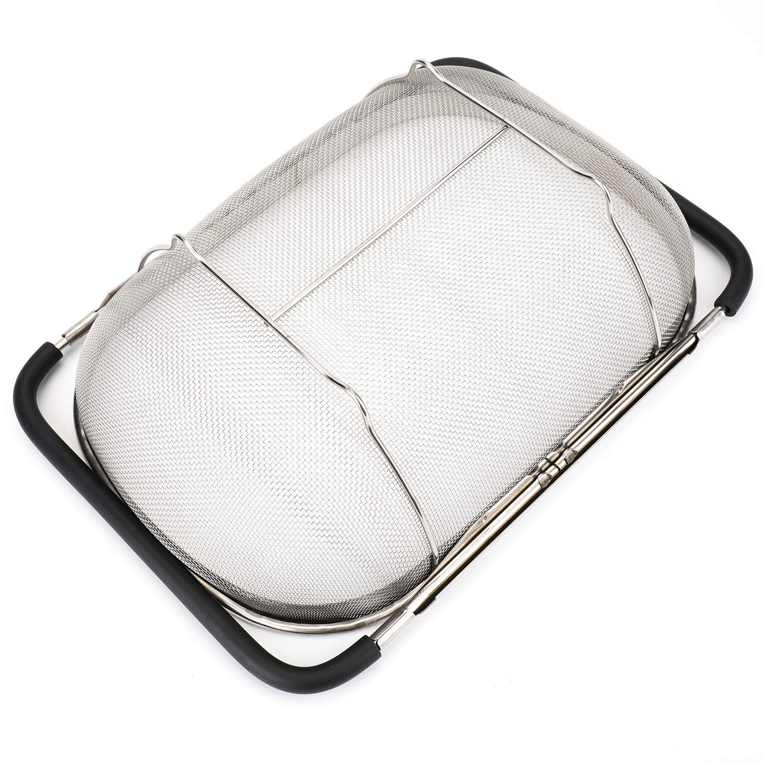 Suwimut 2 Pack Over the Sink Oval Colander for Kitchen, Stainless Steel Fine Mesh 6 Quart Strainer Basket with Expandable Rubber Grip Handles for Straining, Draining, Rinsing Fruits, Vegetables