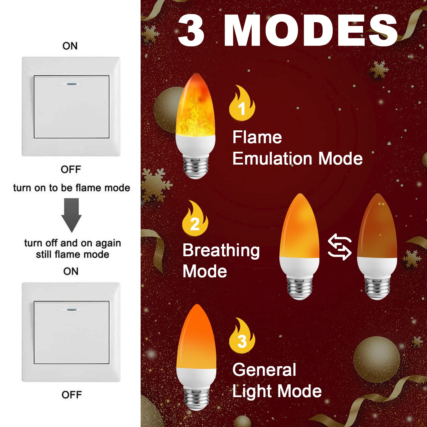LEDERA LED Flame Bulbs 3 Modes Fire Light Bulbs, E26 LED Flame Effect Light Bulb, 1300K Emulation Candelabra Bulb for Party Festival Indoor Outdoor Home Decoration, 4-Pack
