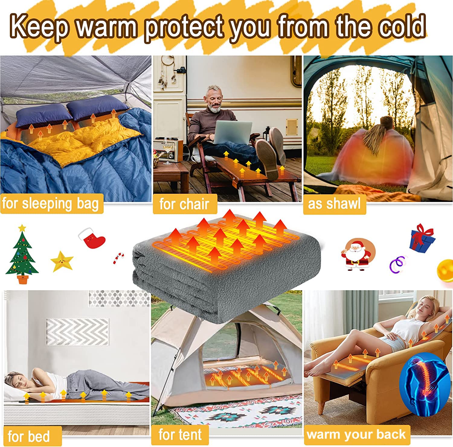 PANGTIKU Heated Sleeping Bag Liner - Battery Operated Heated Blanket for Camping Electric Warm Tent Heater for Cold Weather
