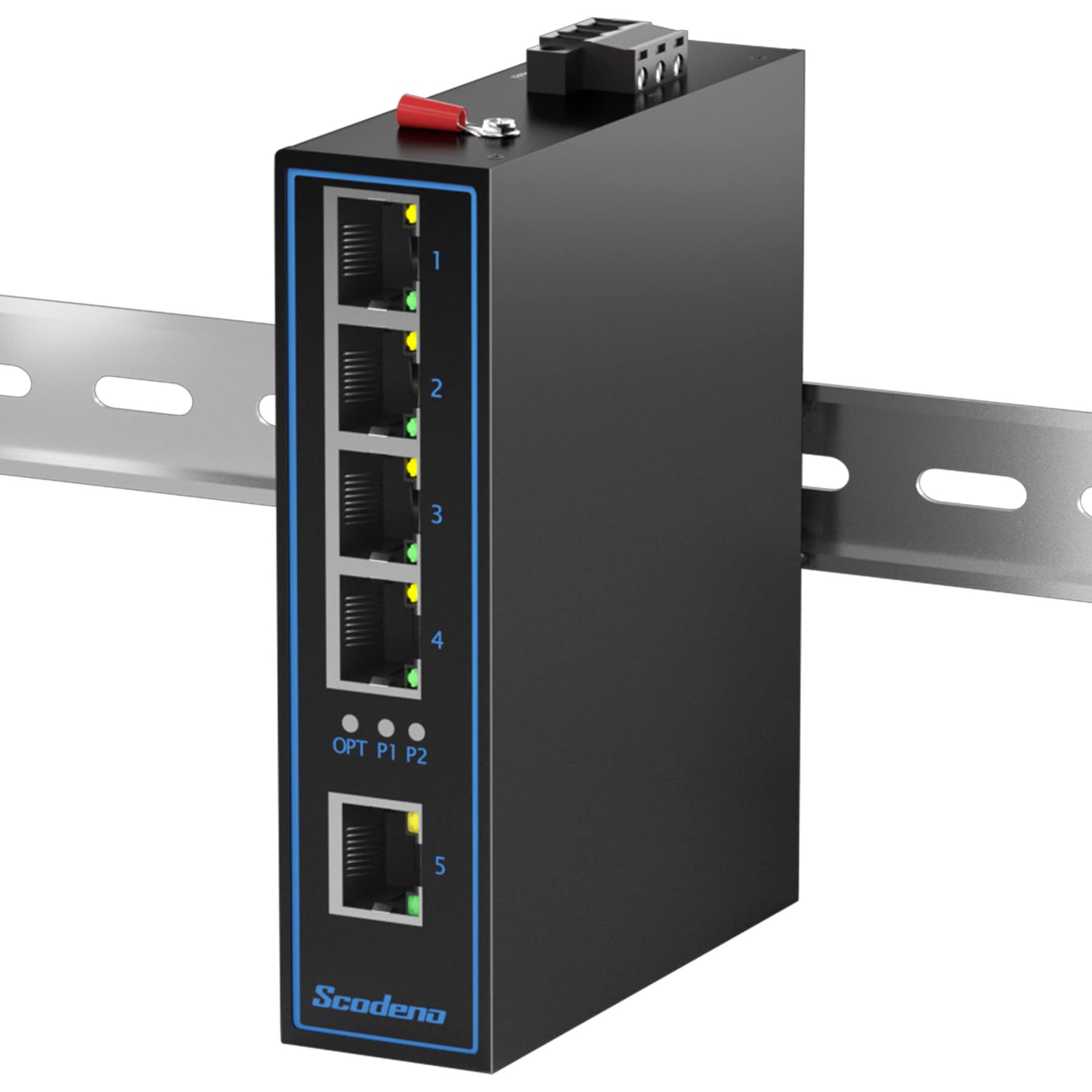 Scodeno 5 Port Industrial Ethernet Switch,10/100Mbps, 1Gbps Switching Capacity, DIN-Rail Mount, IP40 Rated Unmanaged Network Switch (-30°C~75°C)