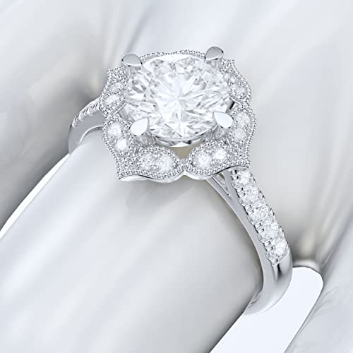 PRSTANI 10K White Gold Vintage Milgrain Romantic Petals Halo 1.0 CT Simulated Diamond Engagement Ring (7)