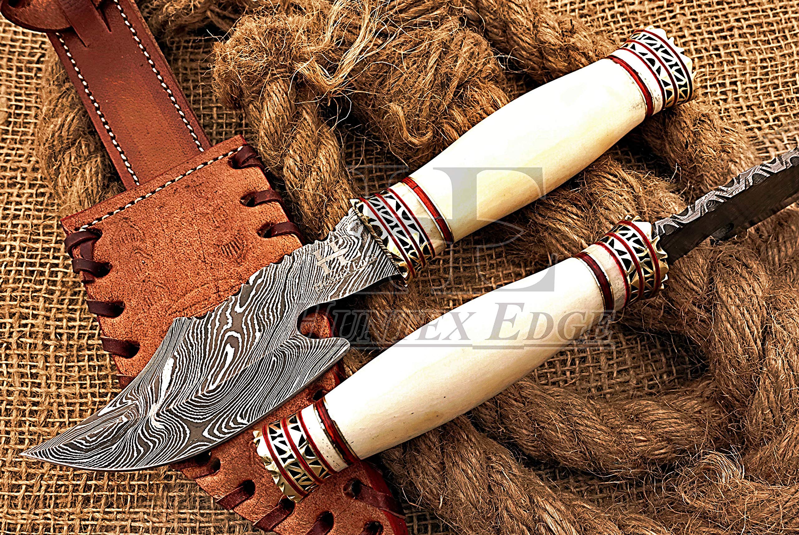 Knife King Handmade Damascus Hunting Knife - Walnut Wood Handle-13.25" Fixed Blade Knife with Leather Sheath-Master Quality EDC Survival Knife-Camping Knife Ideal Gift for Men and Women
