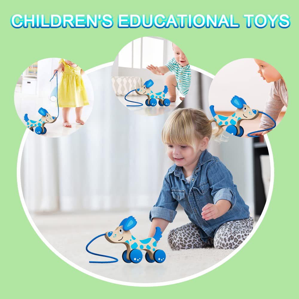 Toddler Pull Toy Classic Pull String Wooden Toy Slinky Dog Pull Toy with Wheels for Improves Your Toddlers 1-3 Movement & Motor Skills Suitable for Children