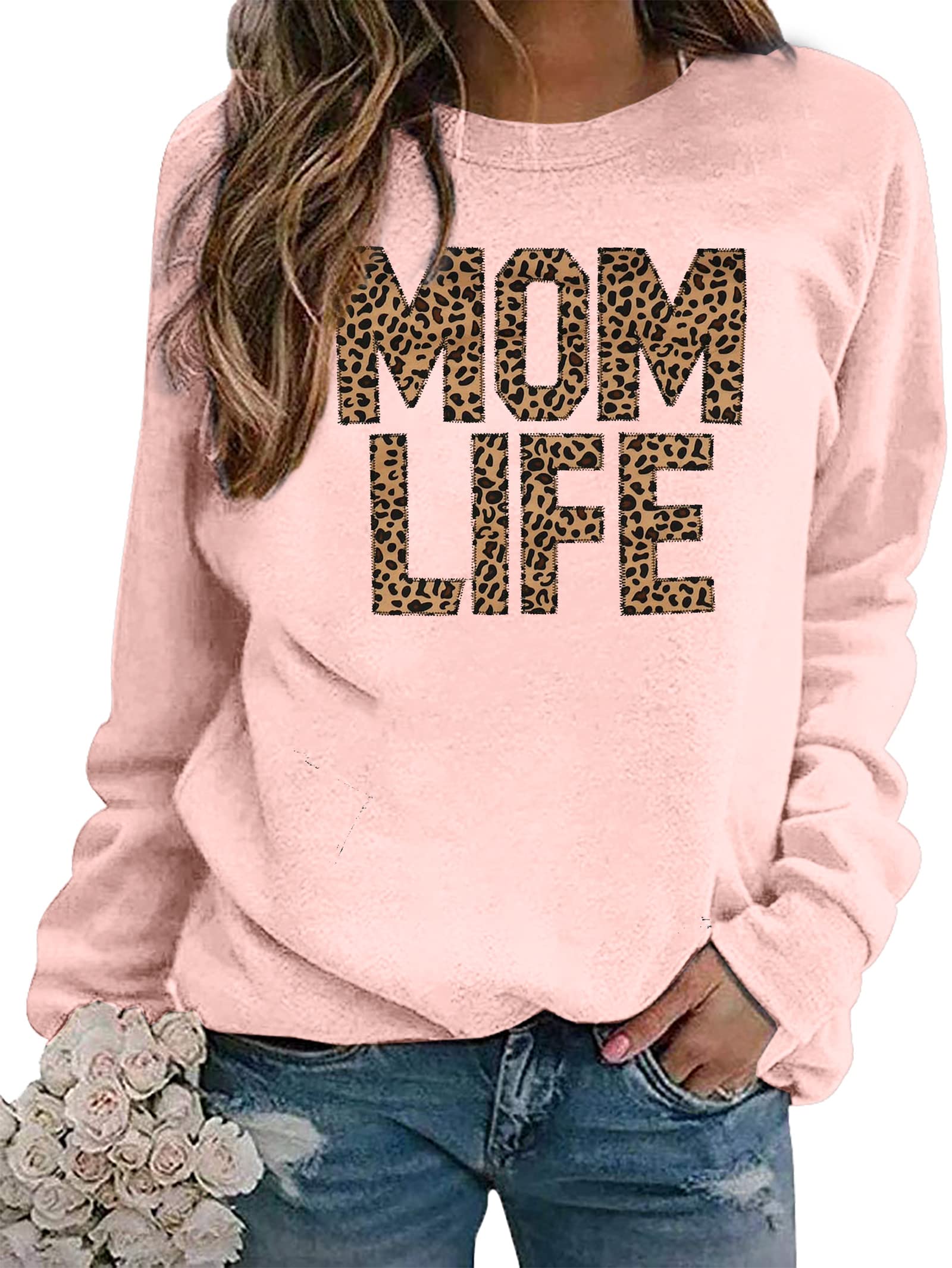 MOUSYA Mom Life Tops Women Mom Letter Printed Sweatshirt Leopard Graphic Casual Long Sleeve Crew Neck Pullover Tops (Small, A_pink)