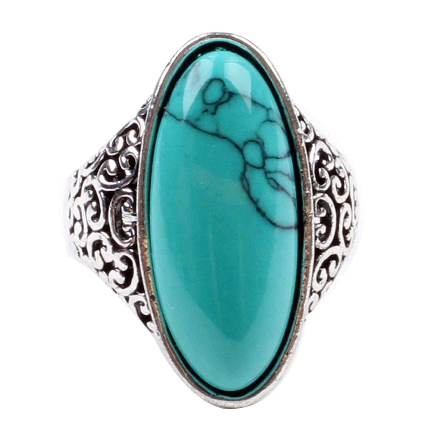 LadayPoa Women's Fashion Created-Turquoise Ring Tibet Silver Plated Gothic Stone Rings
