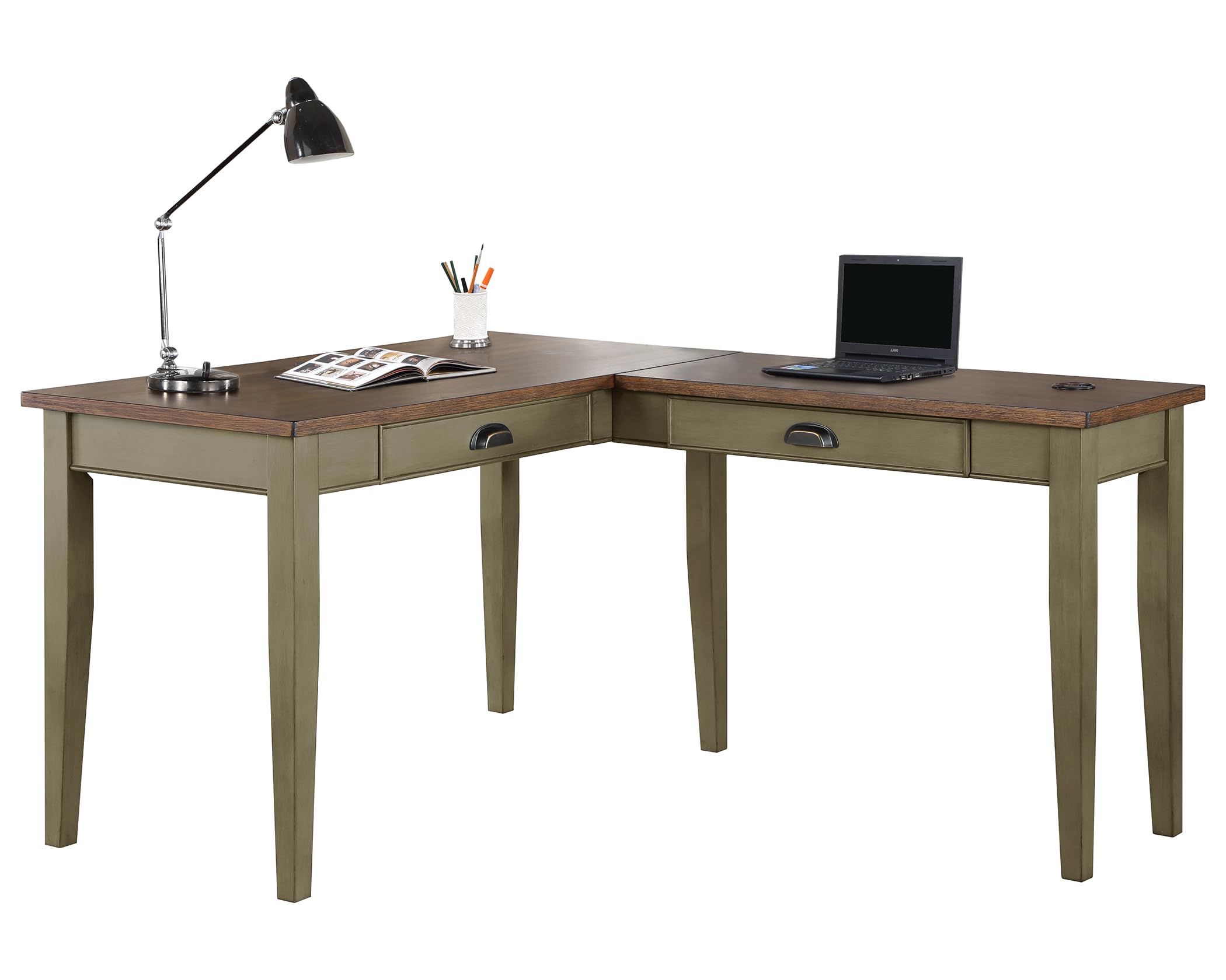 Martin Furniture Sit/Stand Farmhouse Wood Writing, Open L-Shaped Table, Office Desk and Return, Sage Green
