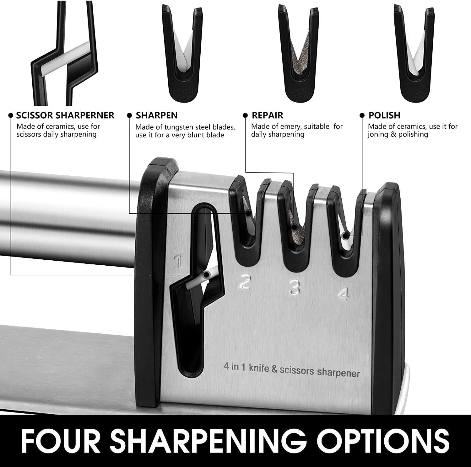 Knife Sharpeners, 4 in 1 Kitchen Blade and Scissors Sharpening Tool, Powerful Professional Chef's Kitchen Knife Accessories, Manual Knife Sharpener Kitchen